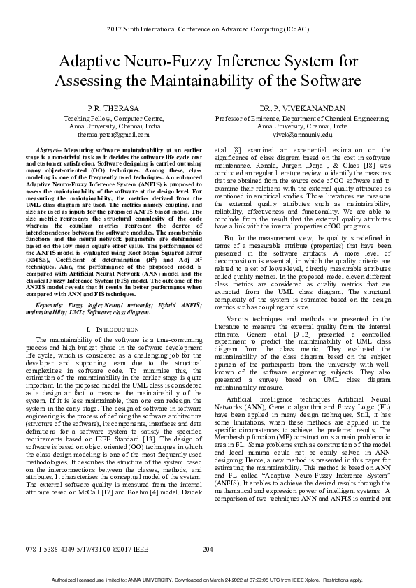 (PDF) Adaptive Neuro-Fuzzy Inference System for Assessing the Maintainability of the Software
