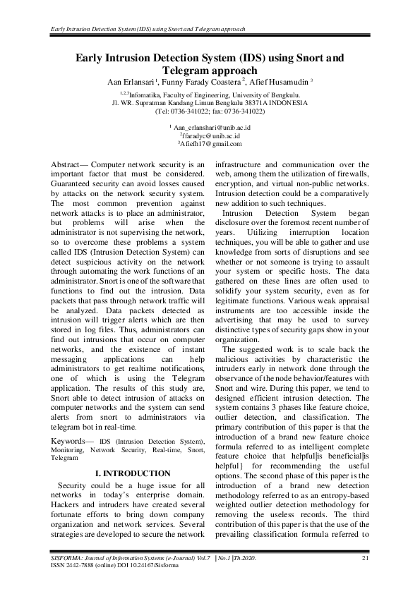 (PDF) Early Intrusion Detection System (IDS) using Snort and Telegram approach