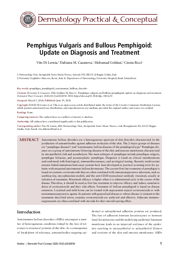 (PDF) Pemphigus Vulgaris and Bullous Pemphigoid: Update on Diagnosis ...