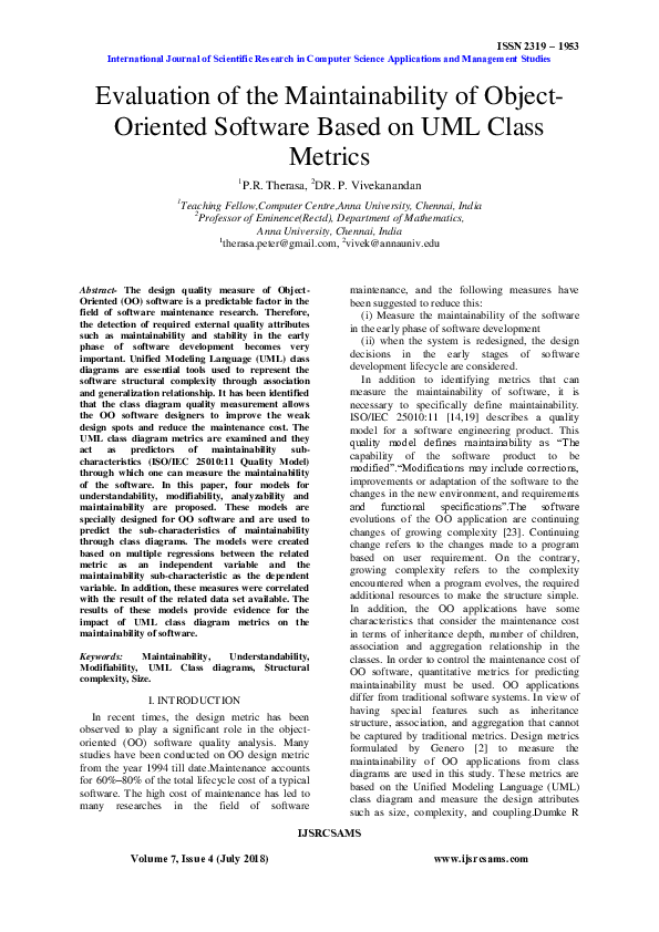 Pdf Evaluation Of The Maintainability Of Object Oriented Software Based On Uml Class Metrics