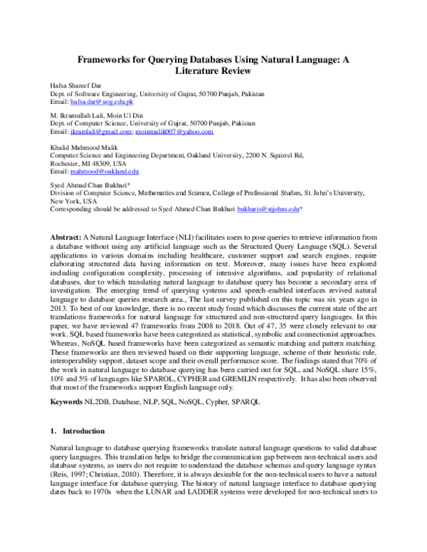 (PDF) Frameworks for Querying Databases Using Natural Language: A Literature Review