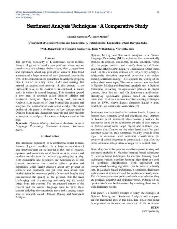 (PDF) Sentiment Analysis Techniques- A Comparative Study