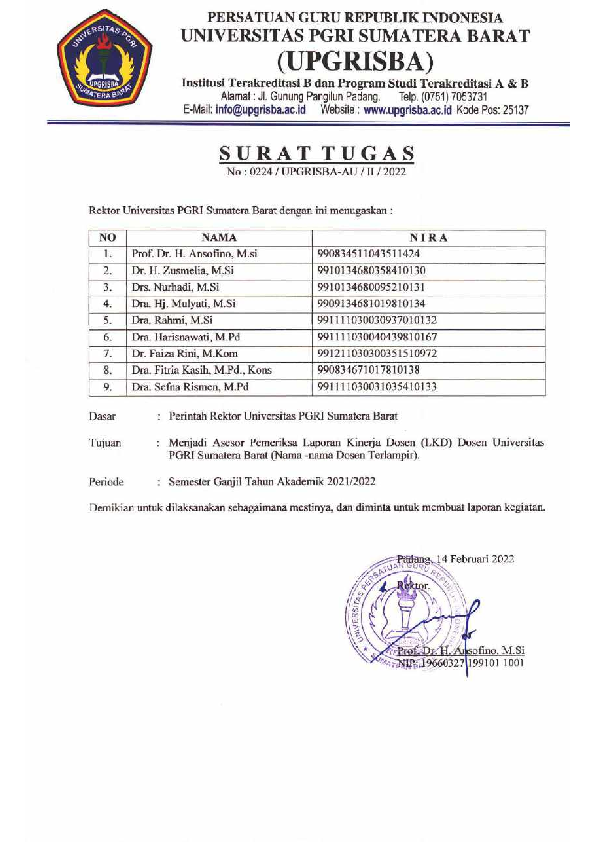 (PDF) Surat tugas menjadi asesor LKD berserta nama nama asesor I dan II BKD Smester Ganjil 2021-