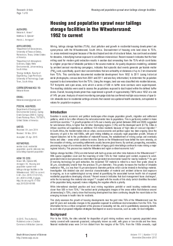 (PDF) Housing and population sprawl near tailings storage facilities in ...