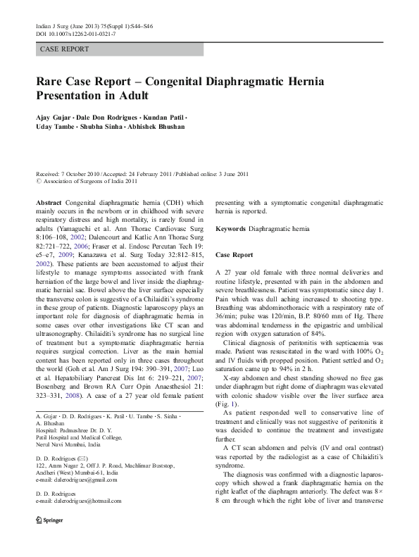 (PDF) Rare Case Report – Congenital Diaphragmatic Hernia Presentation ...