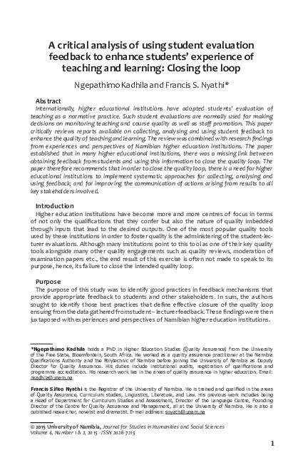 (PDF) A critical analysis of using student evaluation feedback to ...