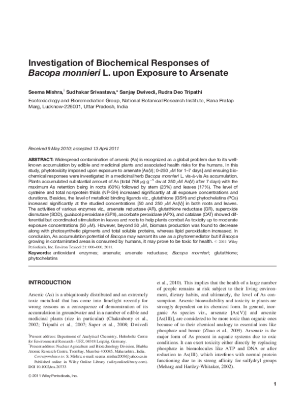 (PDF) Investigation of biochemical responses of Bacopa monnieri L. upon exposure to arsenate