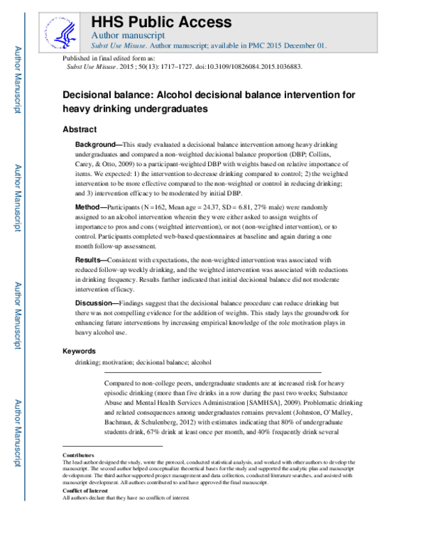 (PDF) Decisional Balance: Alcohol Decisional Balance Intervention for ...