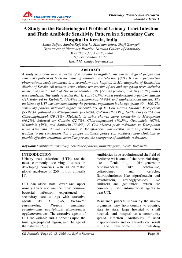 (PDF) A Study on the Bacteriological Profile of Urinary Tract Infection and Their Antibiotic ...
