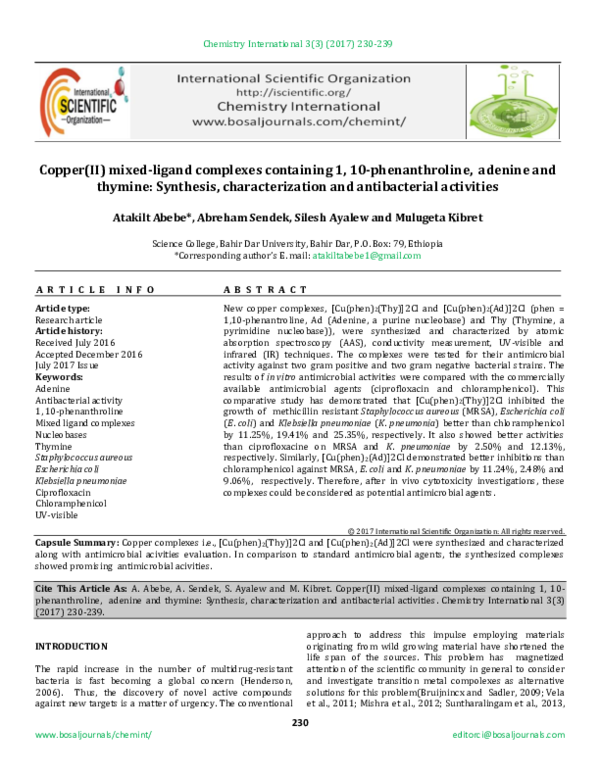 (PDF) Copper(II) mixed-ligand complexes containing 1, 10-phenanthroline, adenine and thymine ...