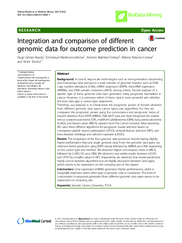 (PDF) Integration and comparison of different genomic data for outcome ...