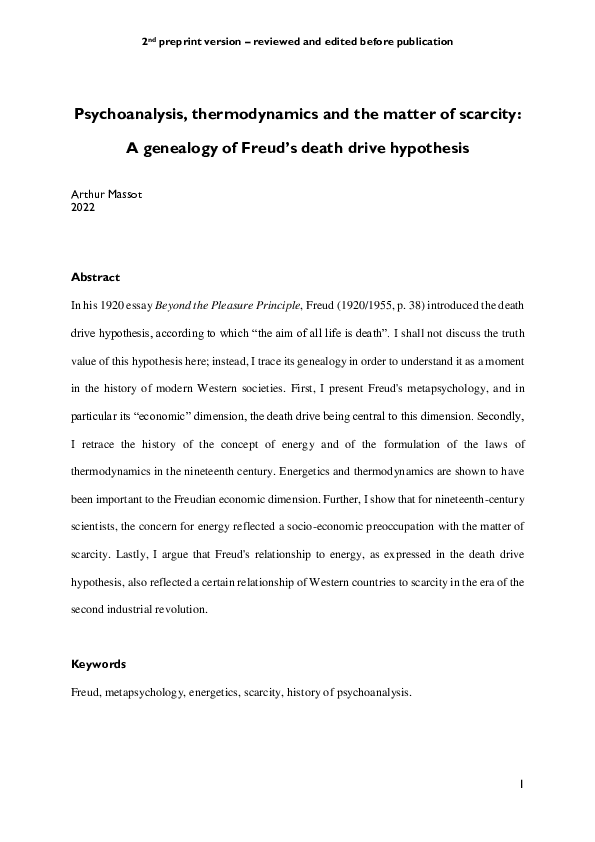 (PDF) Psychoanalysis, thermodynamics and the matter of scarcity: A ...