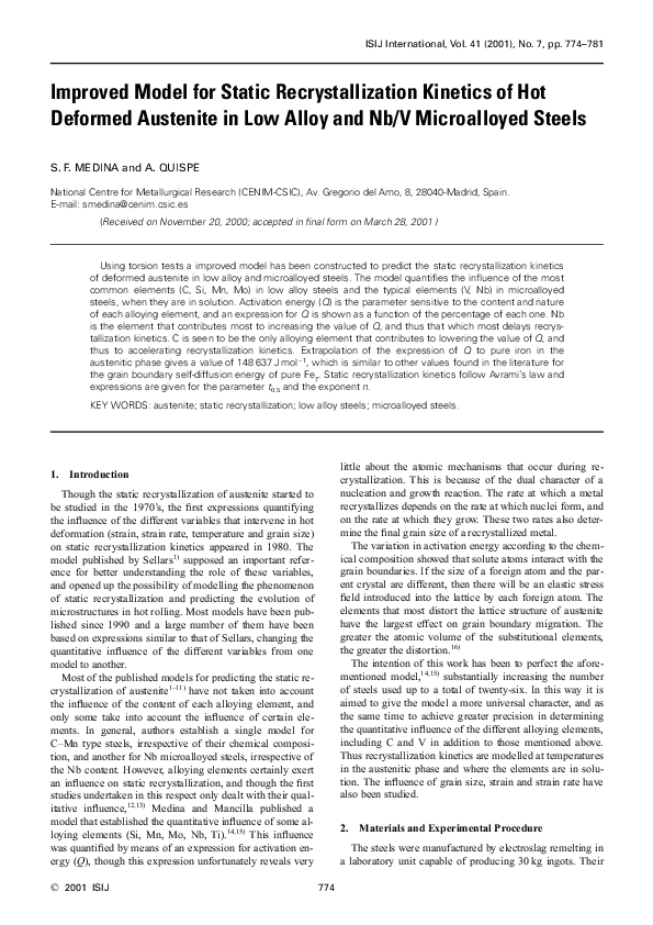 Pdf Improved Model For Static Recrystallization Kinetics Of Hot Deformed Austenite In Low