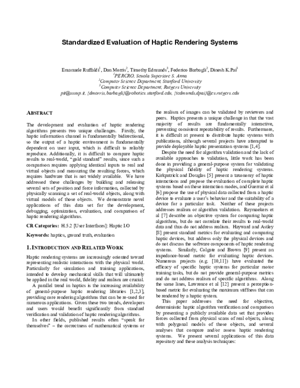 (PDF) Standardized Evaluation of Haptic Rendering Systems | Dan R Morris - Academia.edu