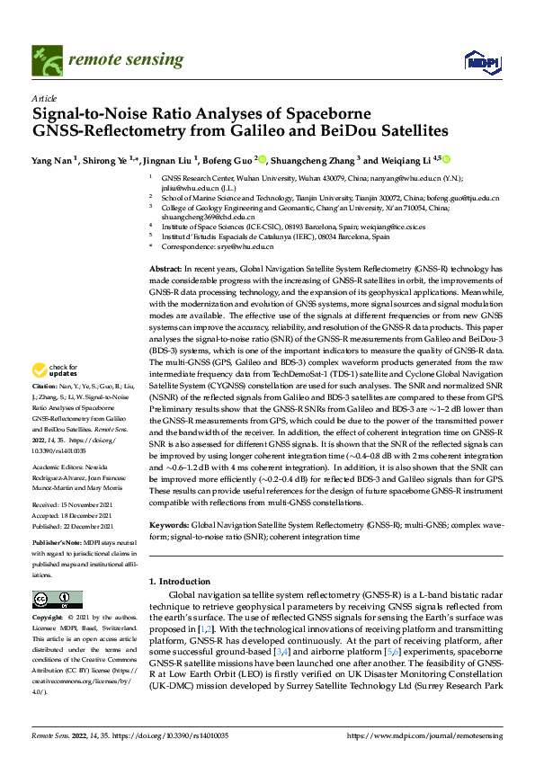 (PDF) Signal-to-Noise Ratio Analyses of Spaceborne GNSS-Reflectometry from Galileo and BeiDou ...