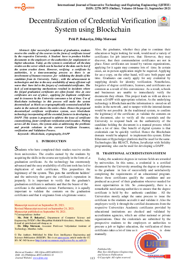 Pdf Decentralization Of Credential Verification System Using Blockchain