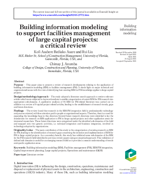 (PDF) Building information modeling to support facilities management of ...