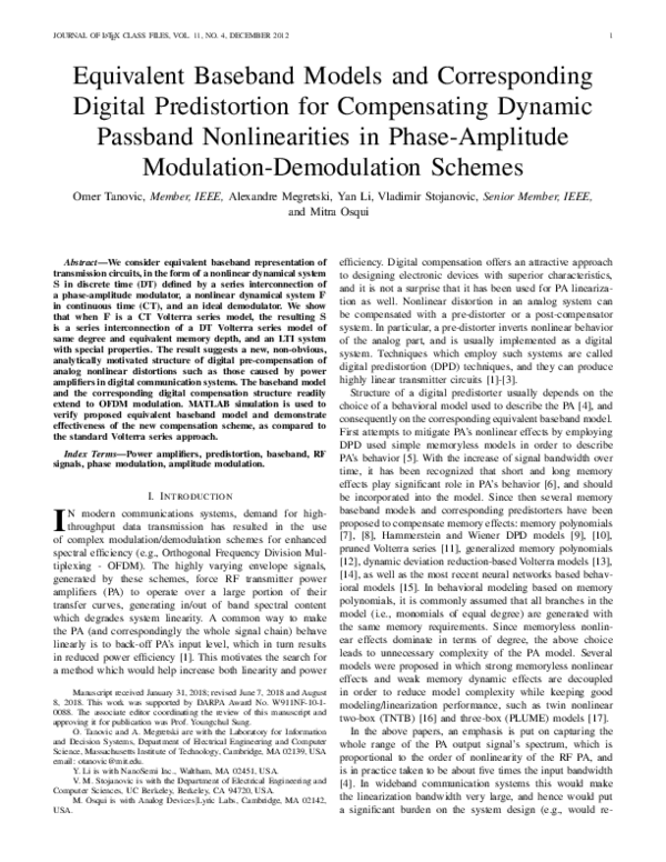 (PDF) Equivalent Baseband Models and Corresponding Digital Predistortion for Compensating ...