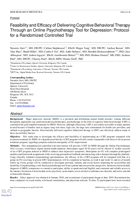(PDF) Feasibility and Efficacy of Delivering Cognitive Behaviour ...