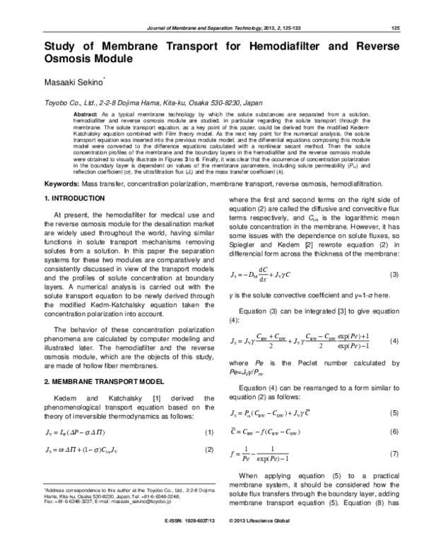(PDF) Study of Membrane Transport for Hemodiafilter and Reverse Osmosis ...