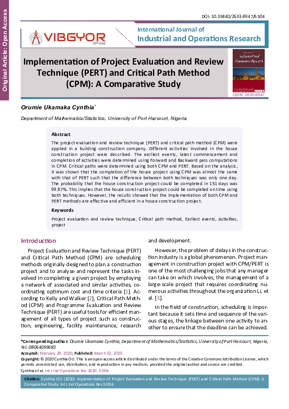 (PDF) Implementation of Project Evaluation and Review Technique (PERT ...