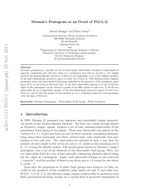(PDF) Mermin's Pentagram as an Ovoid of PG(3,2)