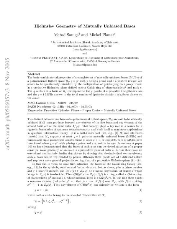(PDF) Hjelmslev Geometry of Mutually Unbiased Bases