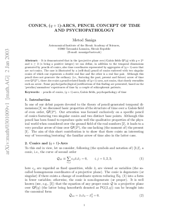 (PDF) Conics, (q+1)-Arcs, Pencil Concept of Time and Psychopathology