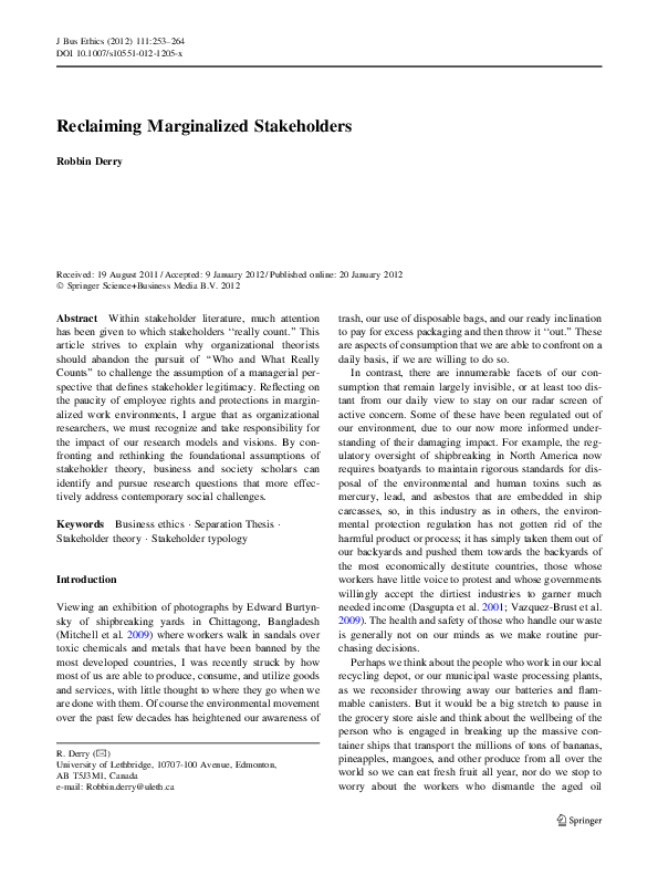 (PDF) Reclaiming Marginalized Stakeholders