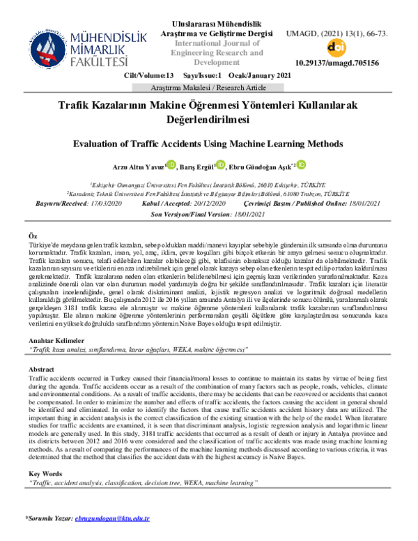 (PDF) Evaluation of Traffic Accidents Using Machine Learning Methods