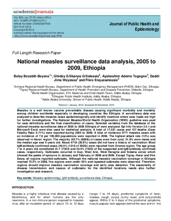 Pdf National Measles Surveillance Data Analysis 2005 To 2009 Ethiopia