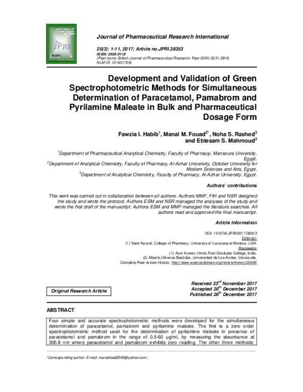(PDF) Development and Validation of Green Spectrophotometric Methods for Simultaneous ...