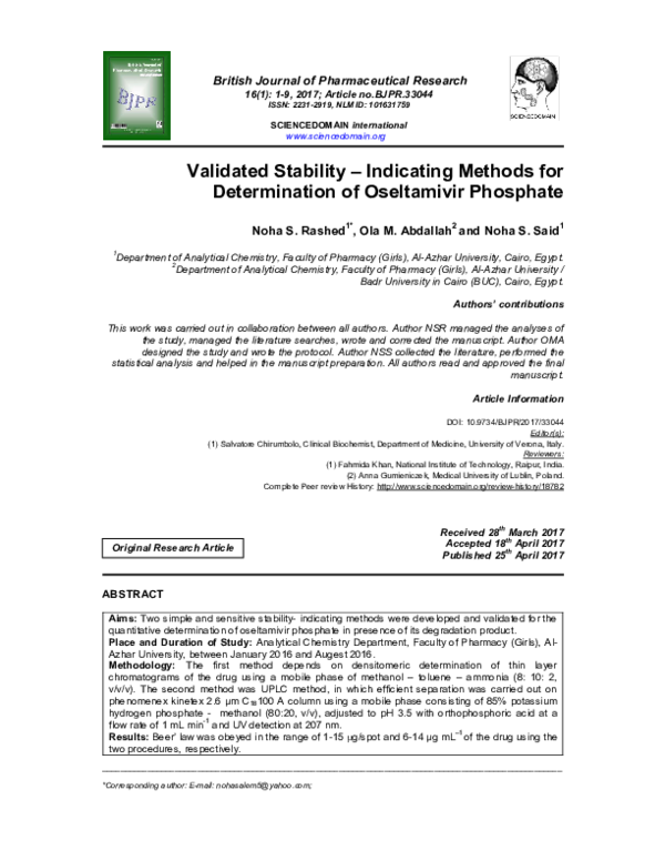 (PDF) Validated Stability – Indicating Methods for Determination of Oseltamivir Phosphate