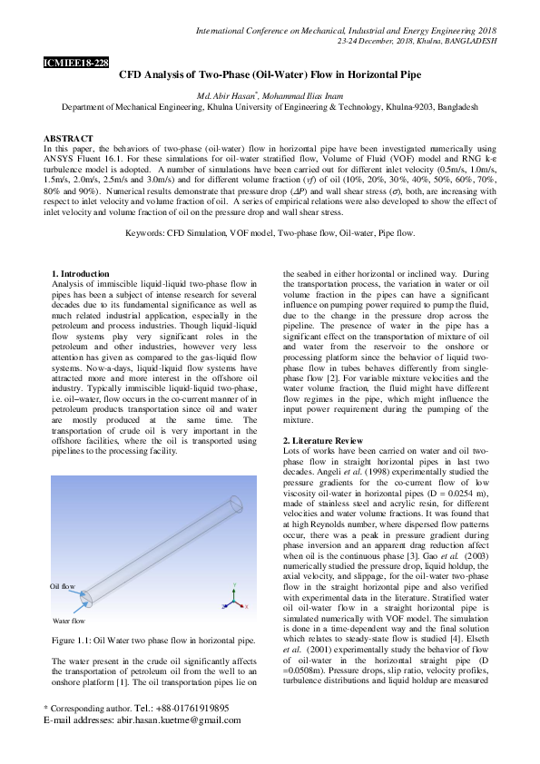 (PDF) CFD Analysis of Two-Phase (Oil-Water) Flow in Horizontal Pipe