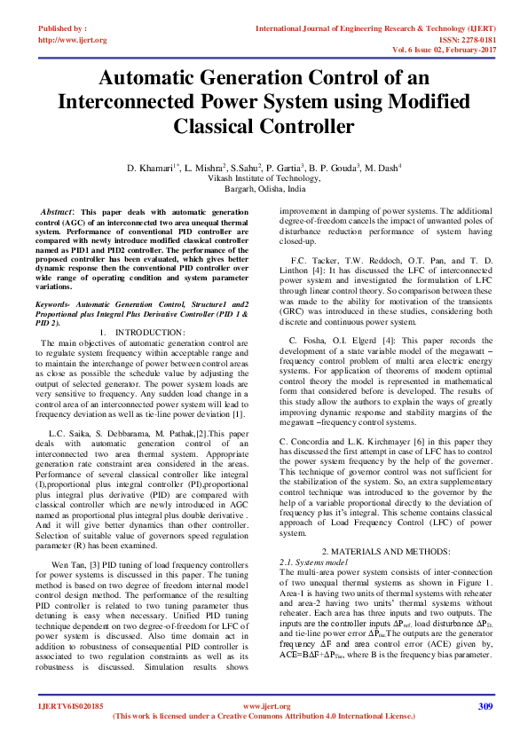Pdf Automatic Generation Control Of An Interconnected Power System Using Modified Classical