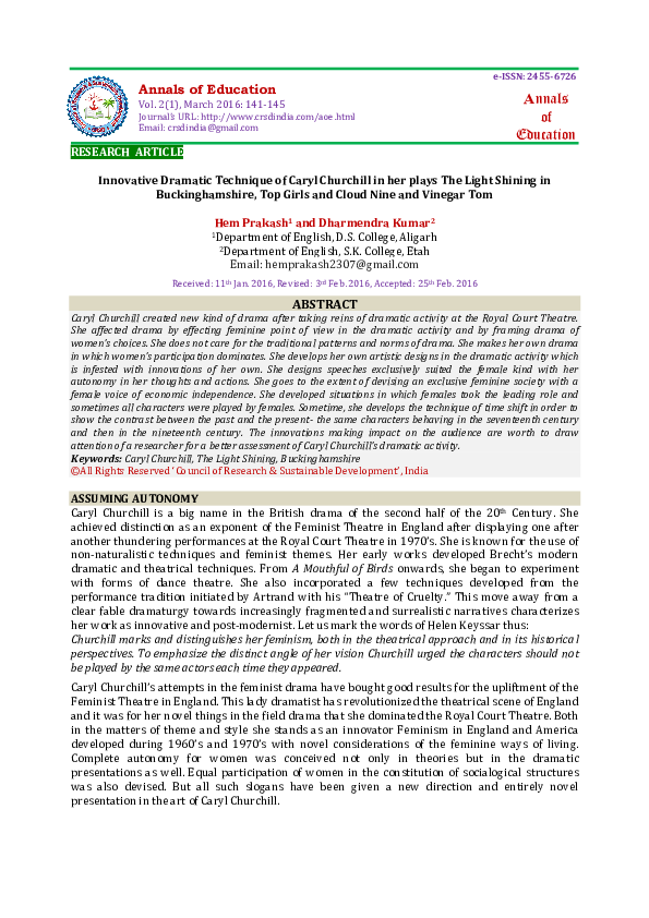 (PDF) Annals of Education Innovative Dramatic Technique of Caryl ...
