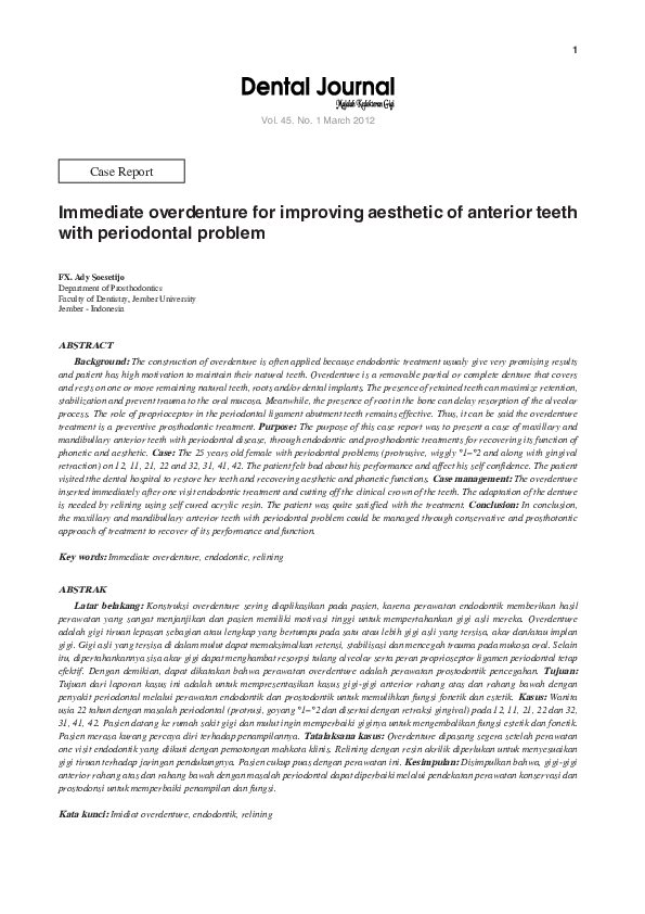 (PDF) Immediate overdenture for improving aesthetic of anterior teeth with periodontal problem