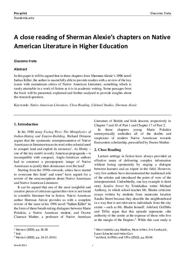 (PDF) Analyzing Sherman Alexie's Critique of Native American Literature