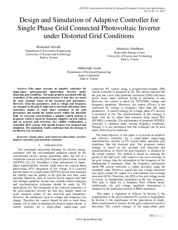 (PDF) Design and Simulation of Adaptive Controller for Single Phase Grid Connected Photovoltaic ...