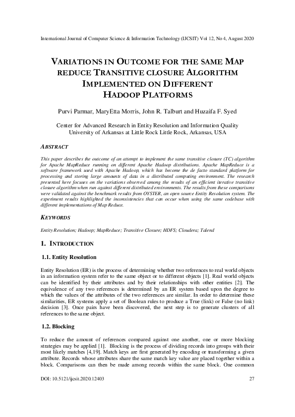 Pdf Variations In Outcome For The Same Map Reduce Transitive Closure Algorithm Implemented On 
