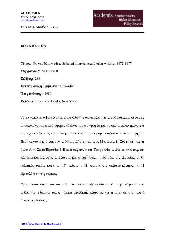 (PDF) Michel Foucault: Power/ Knowledge: Selected interviews and other ...