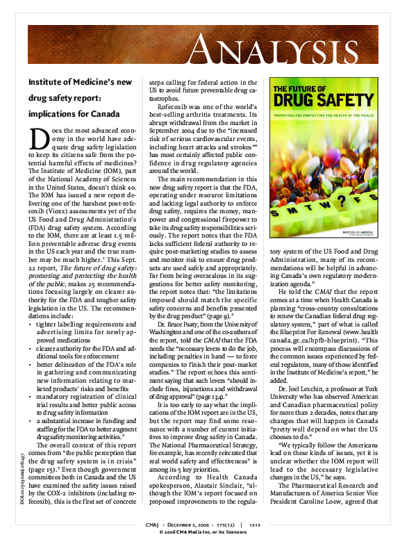(PDF) Institute of Medicine's new drug safety report: implications for ...