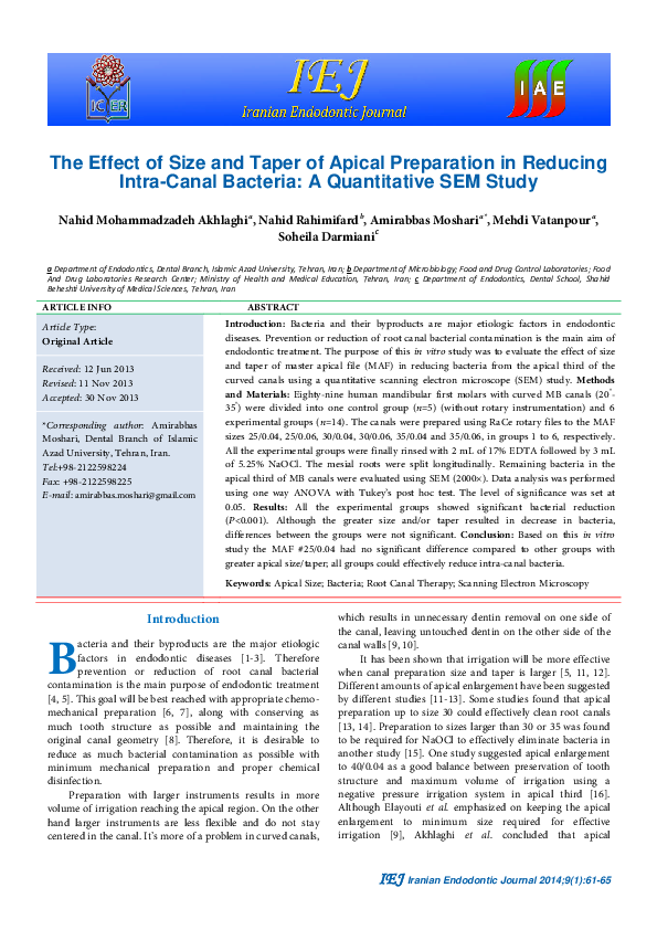 (PDF) The Effect of Size and Taper of Apical Preparation in Reducing ...