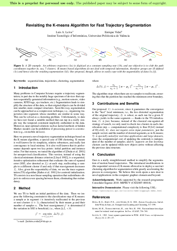 (PDF) Revisiting the k-means algorithm for fast trajectory segmentation