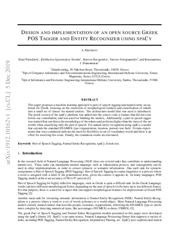 (PDF) Design and implementation of an open source Greek POS Tagger and Entity Recognizer using spaCy