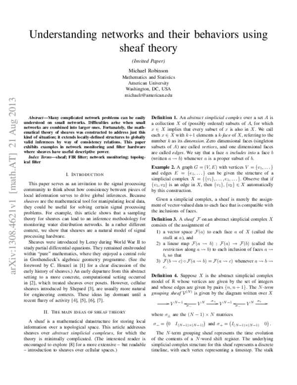 (PDF) Understanding networks and their behaviors using sheaf theory