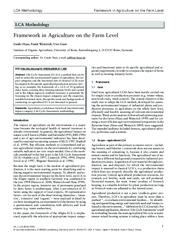 (PDF) LCA Methodology Framework in Agriculture on the Farm Level