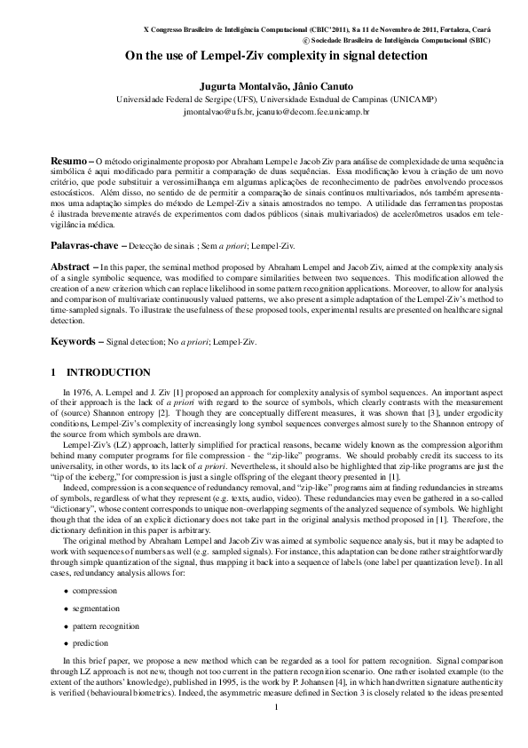 Pdf On The Use Of Lempel Ziv Complexity In Signal Detection