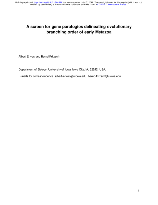 (PDF) A screen for gene paralogies delineating evolutionary branching ...