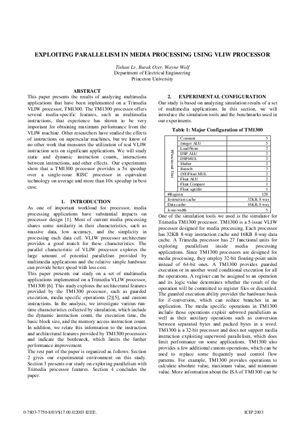 Pdf Exploiting Parallelism In Media Processing Using Vliw Processor